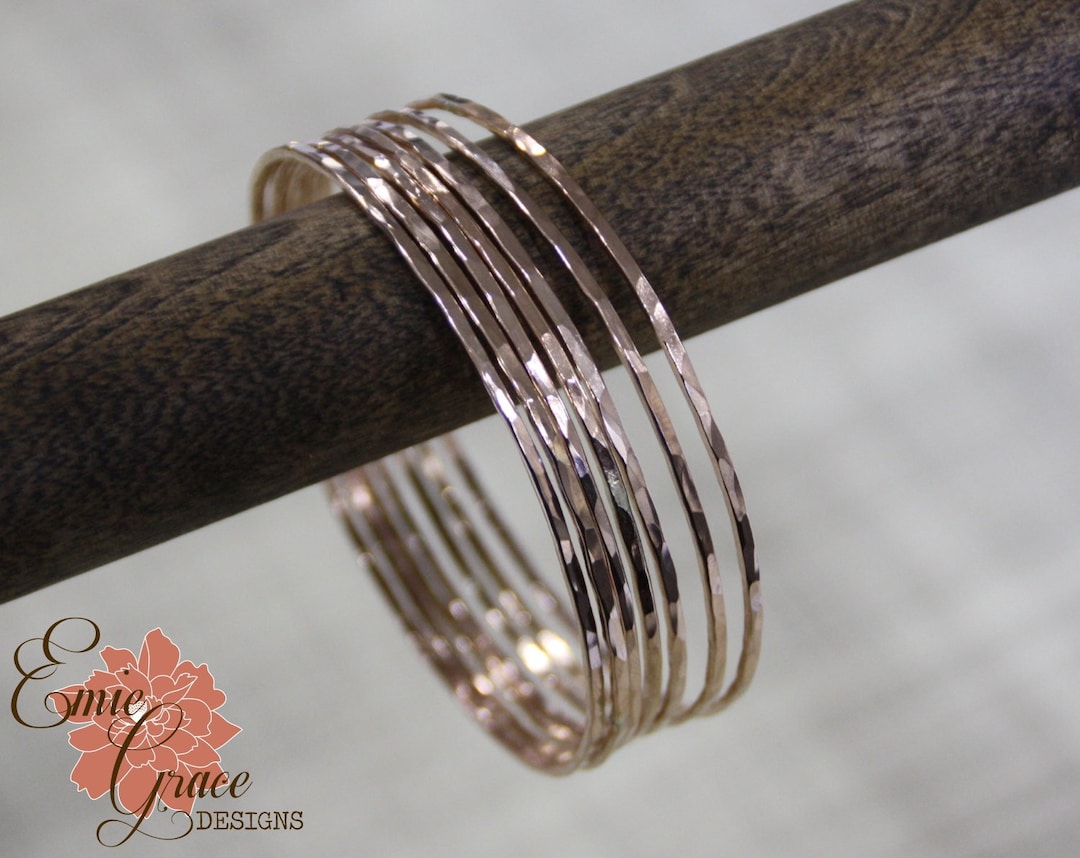 14K Solid Rose Gold Bangle Bracelet, Individual Bangle, Hammered Thin ...