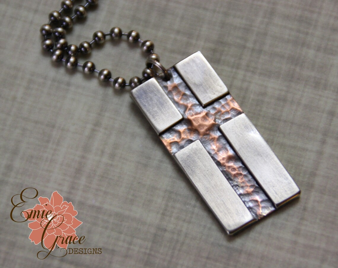 Cross Dog Tag Necklace, Sterling Silver and Copper, Rustic Cross ...