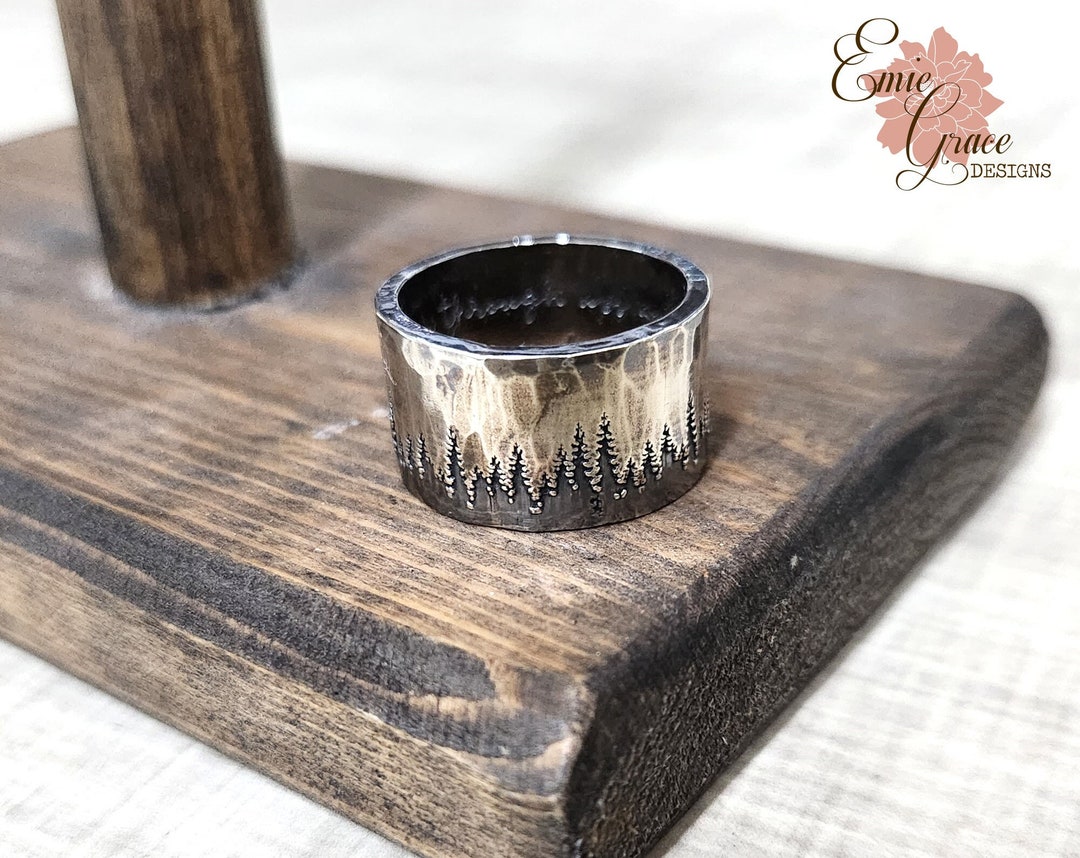 Sterling Silver Tree Ring, 13mm Hammered Thick Band, Engraved Forest ...