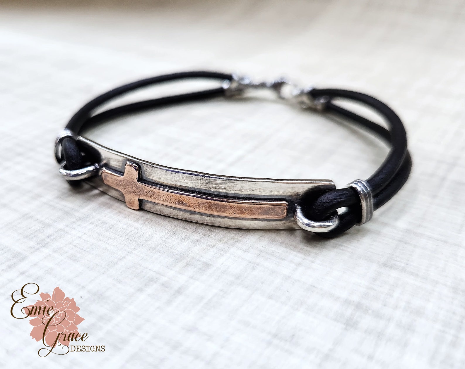 Men's Cross Bracelet, Sterling Silver Bar, Copper Cross, Leather Cord ...