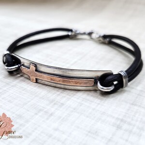 Men's Cross Bracelet, Sterling Silver Bar, Copper Cross, Leather Cord ...