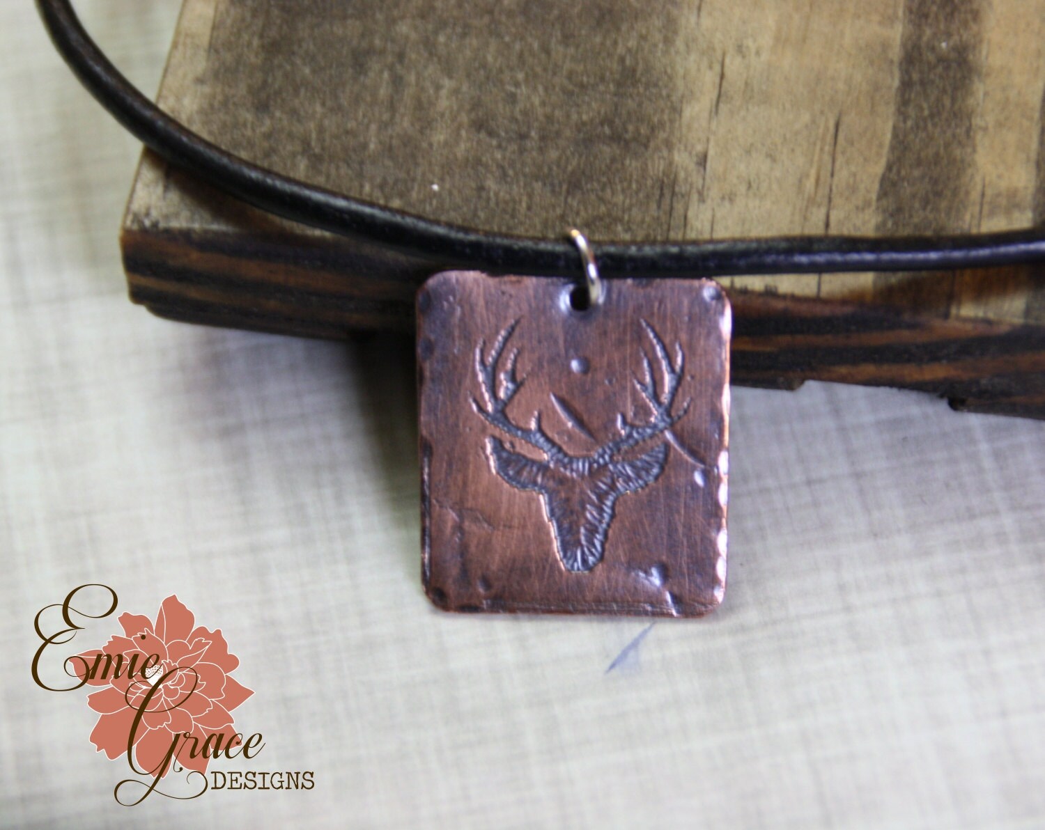 Copper Etched Deer Head Necklace, Sterling Silver, Copper, Leather Cord ...