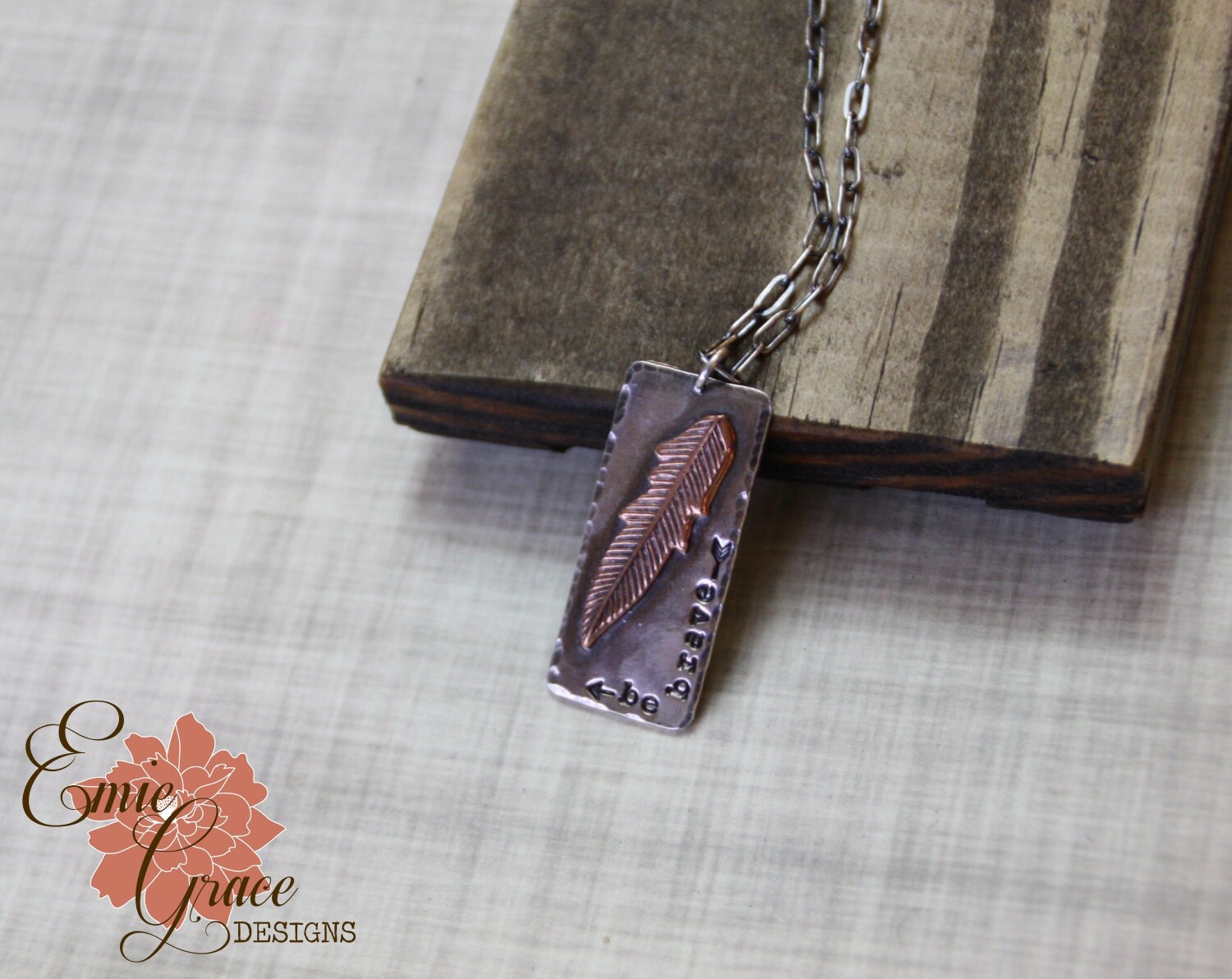 Be Brave Feather Dog Tag Necklace, Sterling Silver Dog Tag and Copper ...