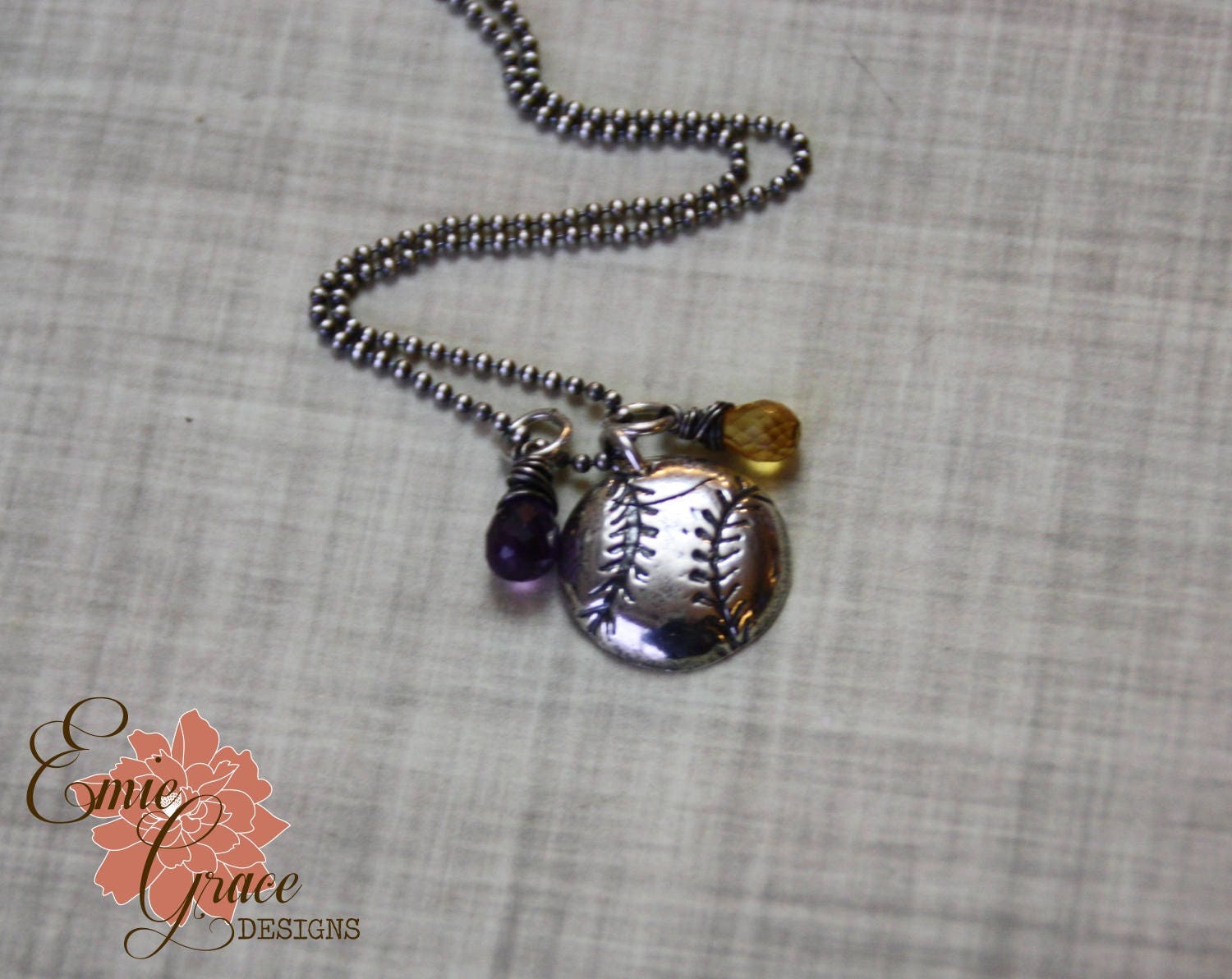 Silver Baseball Necklace, Fine Silver, Choose Team Colors, Amethyst and ...