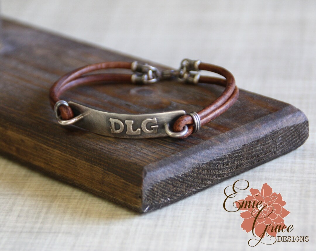 Sterling Silver Bar Bracelet, Personalized Leather Bracelet, Initials ...