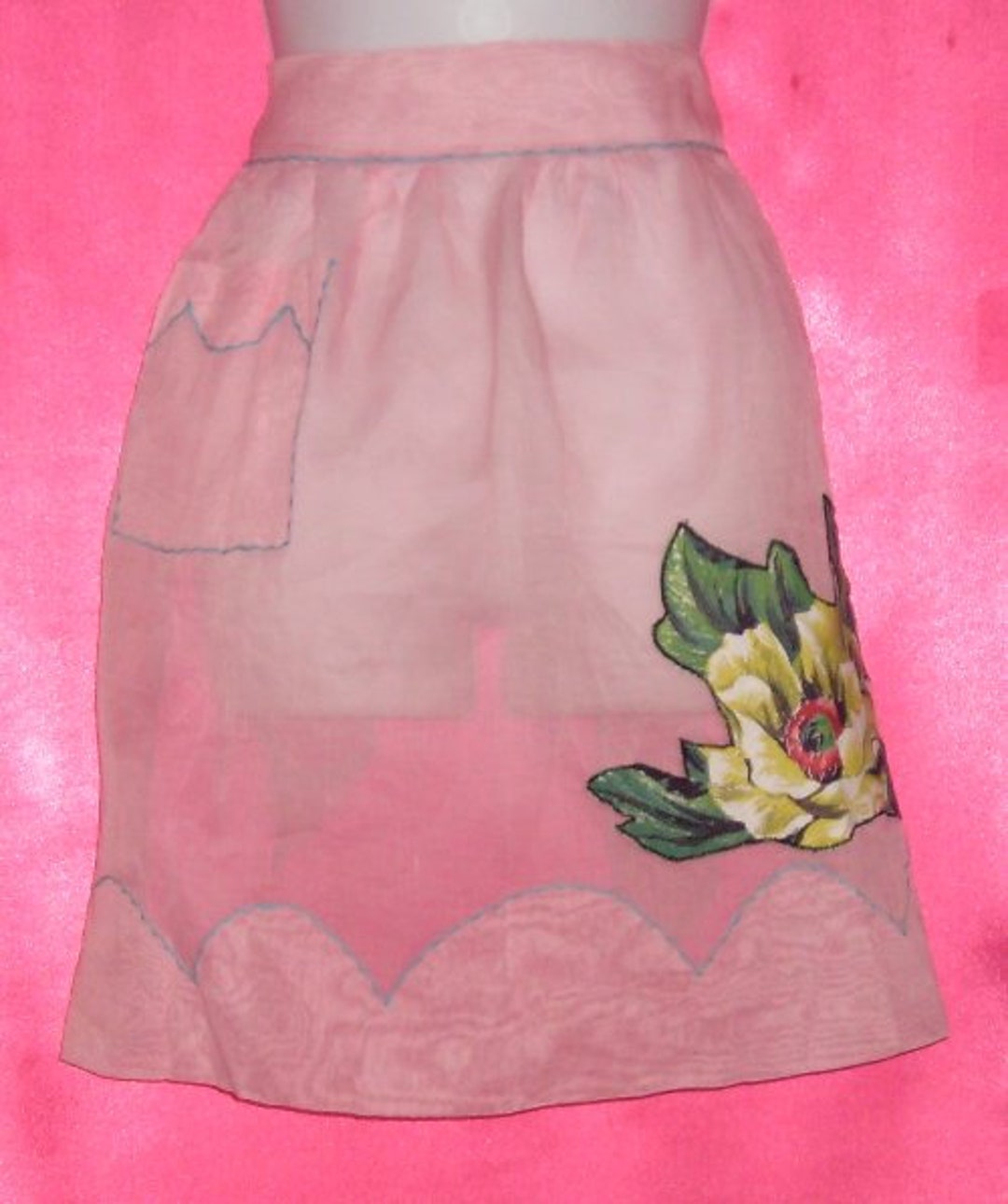 Sheer Pink Vintage Organdy Apron W/ Blue Stitching & Floral Cutout - Etsy