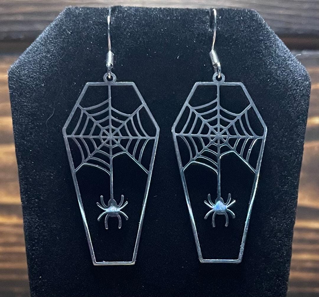 NEW Large Stainless Steel Coffin Spider & Web Earrings - Etsy