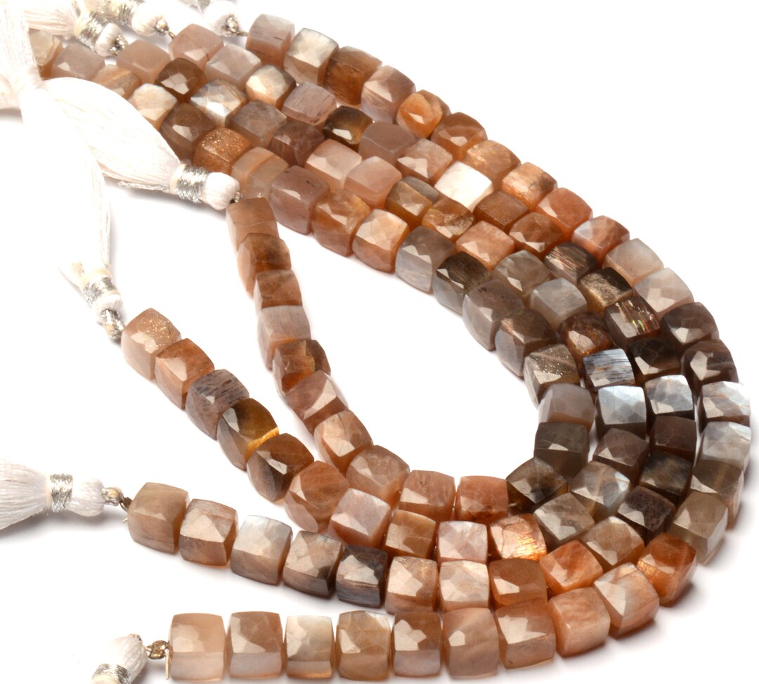 Natural Multicolor Golden Shine Moonstone, 7 Mm Size Faceted Cube Beads ...