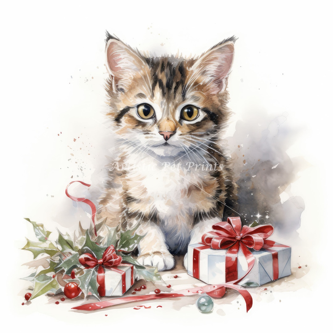 Christmas Kitten Clipart - 10 High Quality Watercolor Jpg's - Digital ...
