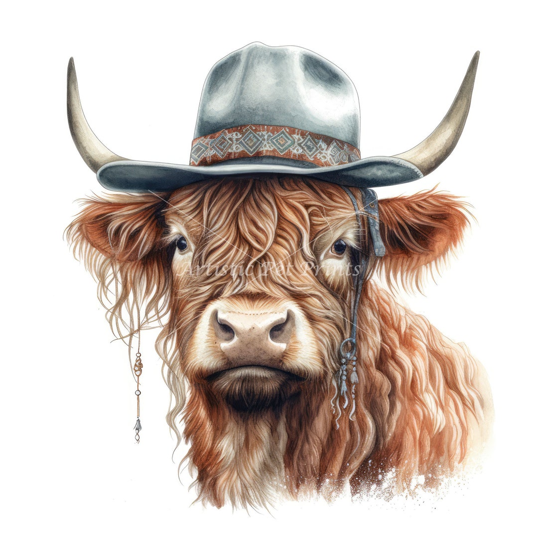 Highland Cow With Cowboy Hat Clipart - 10 High Quality Watercolor Jpg's ...
