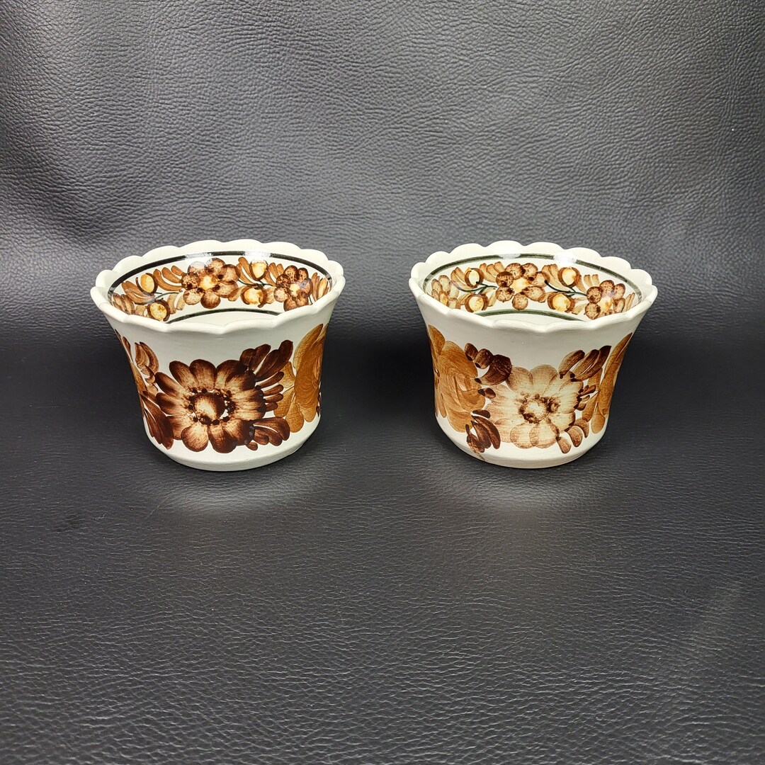 ZF KOLO 2 Cups or Bowls Ceramic Hand Painted Brown Flowers Vintage Made ...