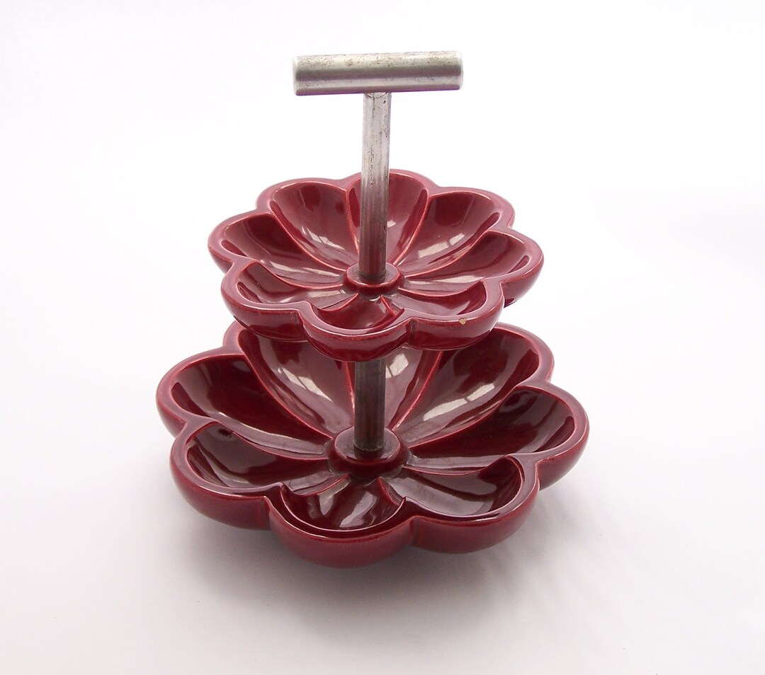 French MCM Red Serving Dish With 2 Levels Ceramic Serving Tray Snack ...