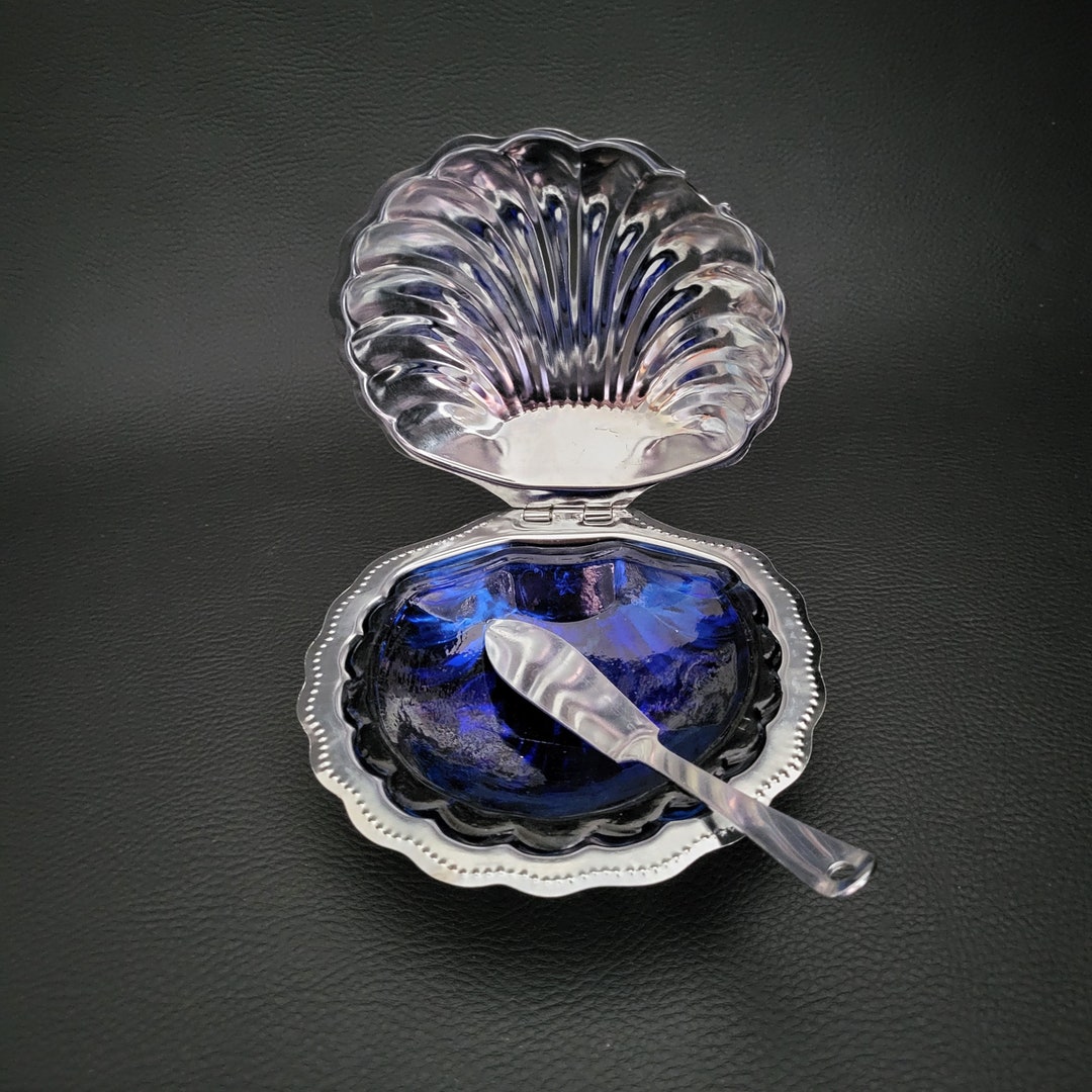 Butter Dish Chromed Scallops Blue Glass Scallop With Small Butter ...