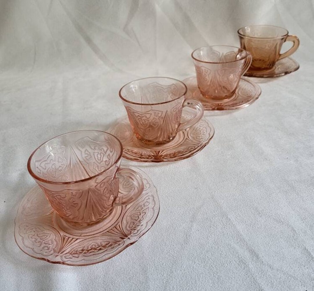 Set of 4 Cups and Saucers Pink Glass Vintage 1950 Made in France - Etsy