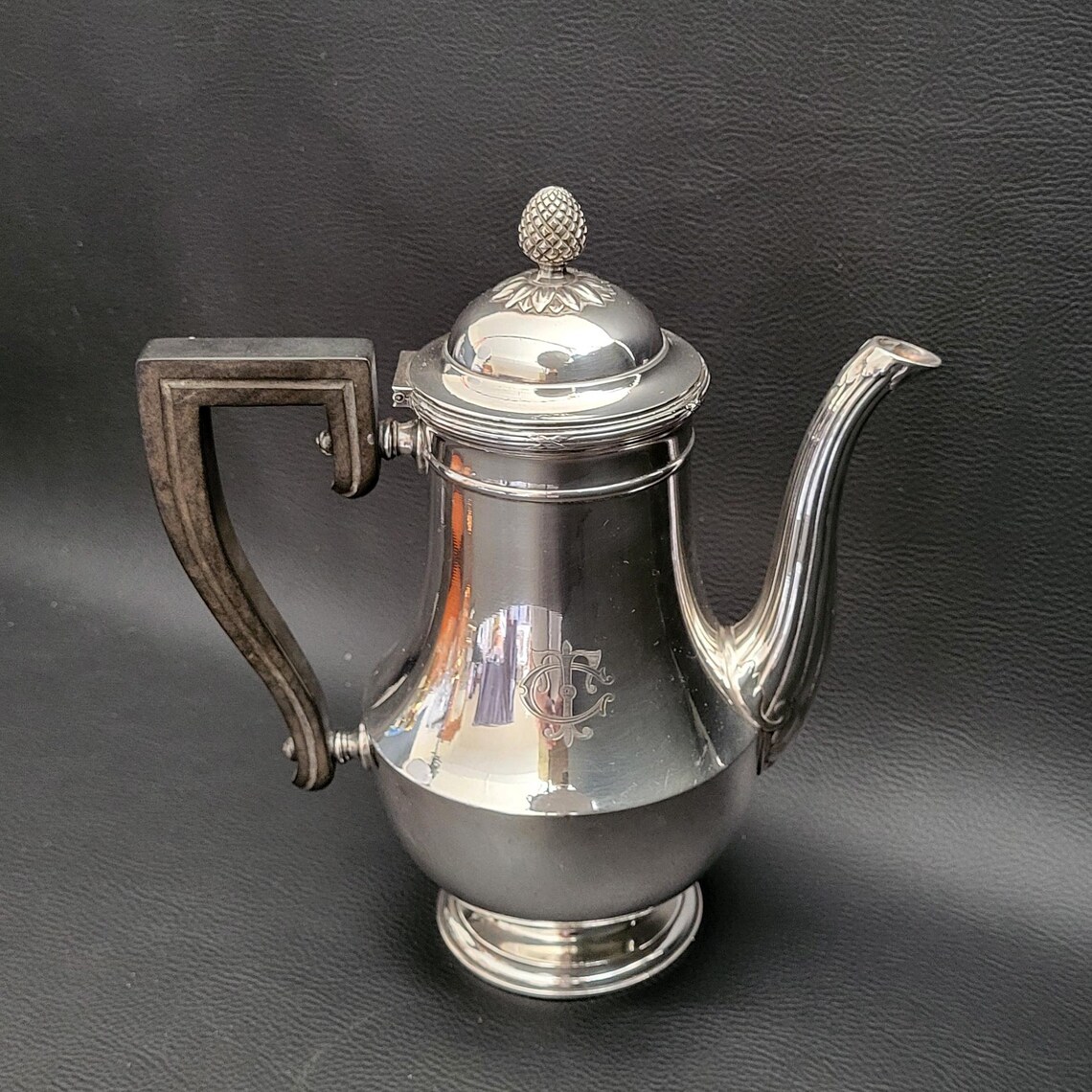 Christofle Coffee Pot Silver Plated Monogram TC Coffee Pot Black Wooden ...