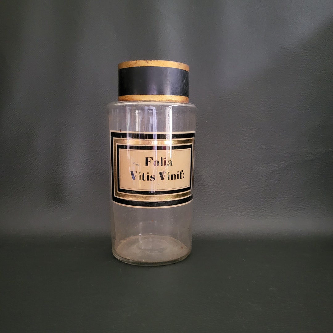 Apothecary Jar Blown Glass With Pewter Cap Black and Gold Cap and Label ...