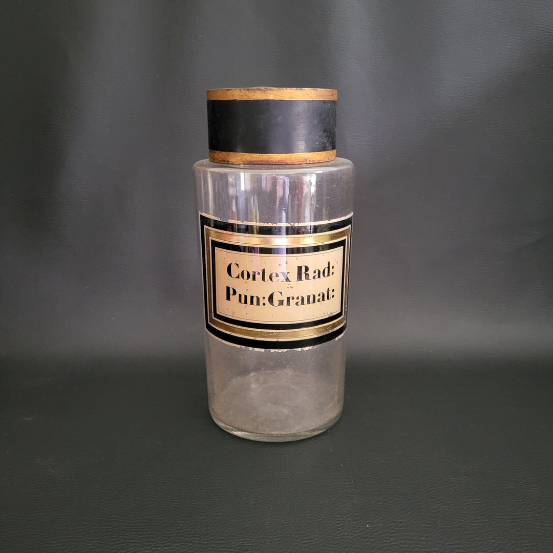 Apothecary Jar Blown Glass With Pewter Cap Black and Gold Cap and Label ...