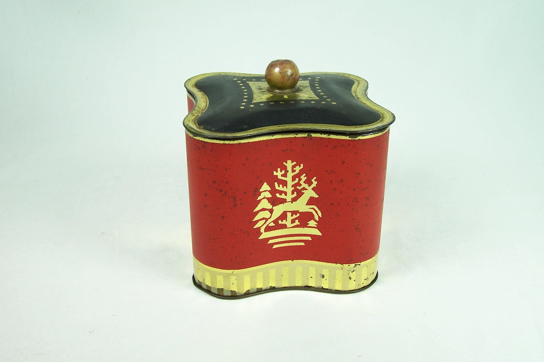 Art Deco Tin Box With Lid Red Black and Gold Hunter Fawn Reindeer and ...