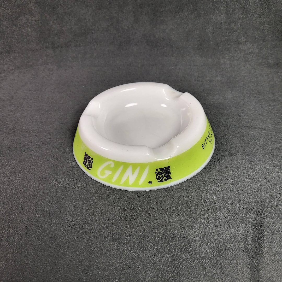 Gini Bitter Lemon Tonic Ashtray Round Milk Glass and Green Ashtray Ad ...