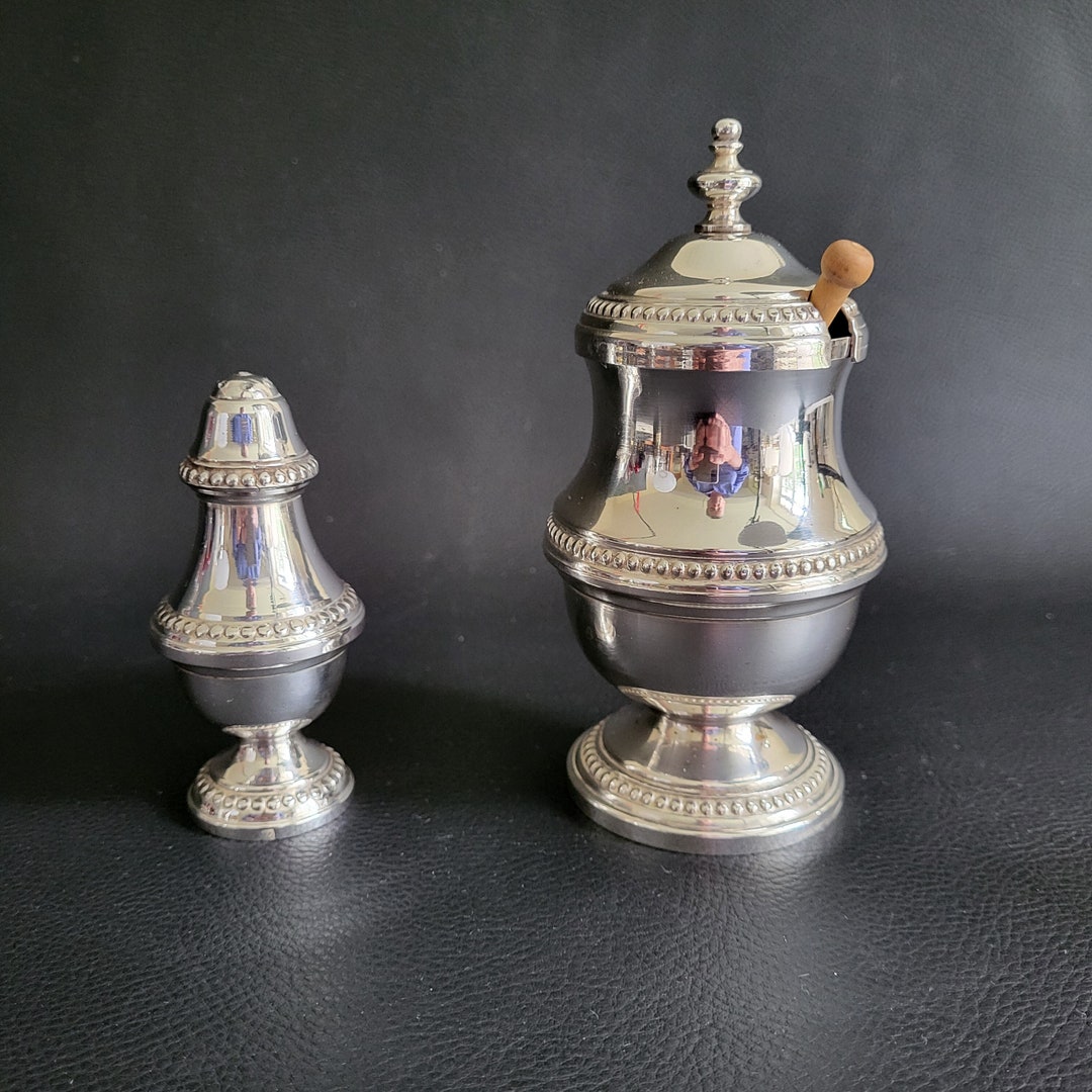 Salt Cellar and Mustard Jar Silver Plated With Frieze of Pearls Vintage ...
