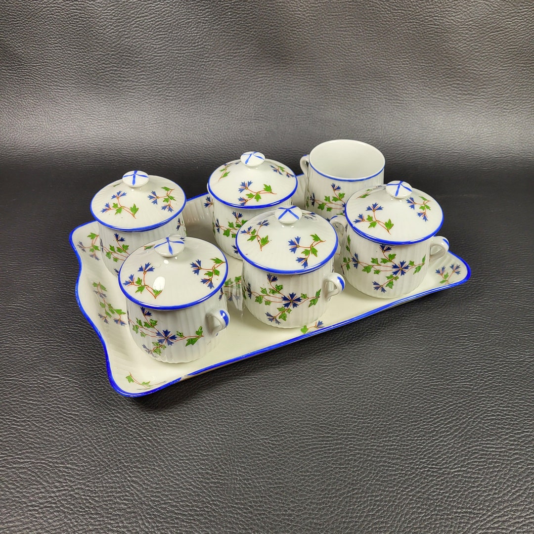 Set of 6 Cream Jars on Their Tray China Set Barbel Pattern Covered Pots ...