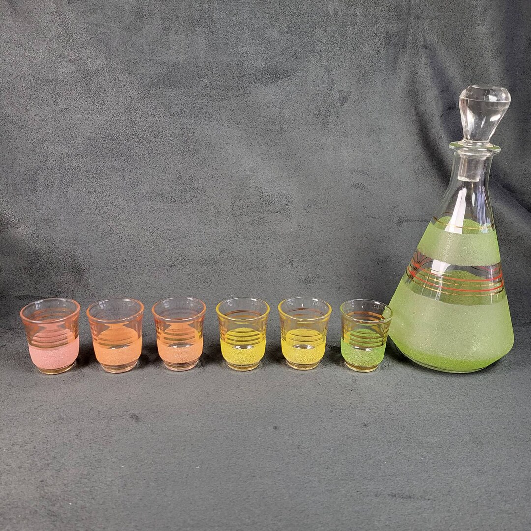 MCM Granited and Colored Set Liqueur Carafe and 6 Shot Glasses Vintage ...