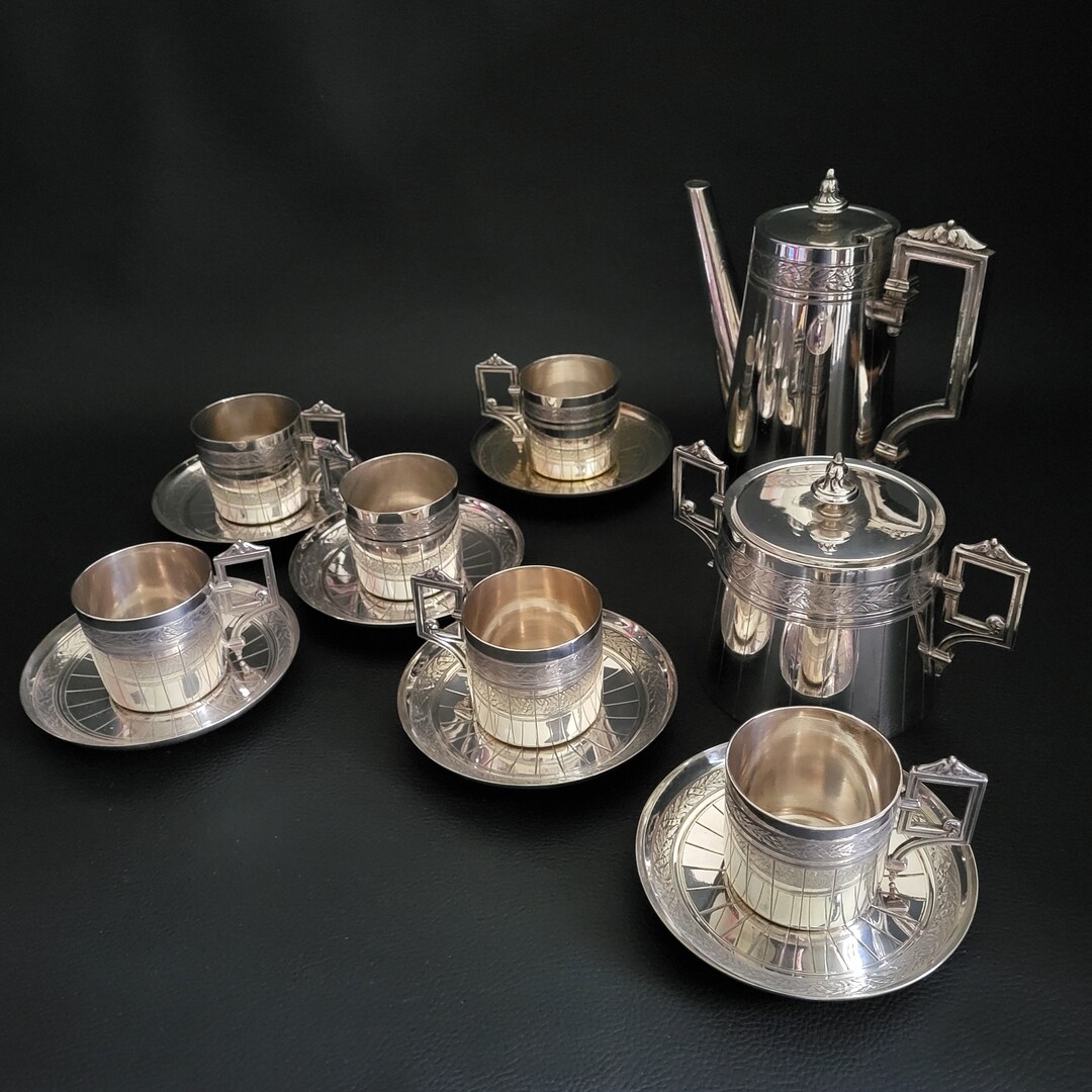Armand Frenais Art Deco Coffee Set 6 Cups and Saucers Coffee Pot Sugar Bowl Silver Plated French ...