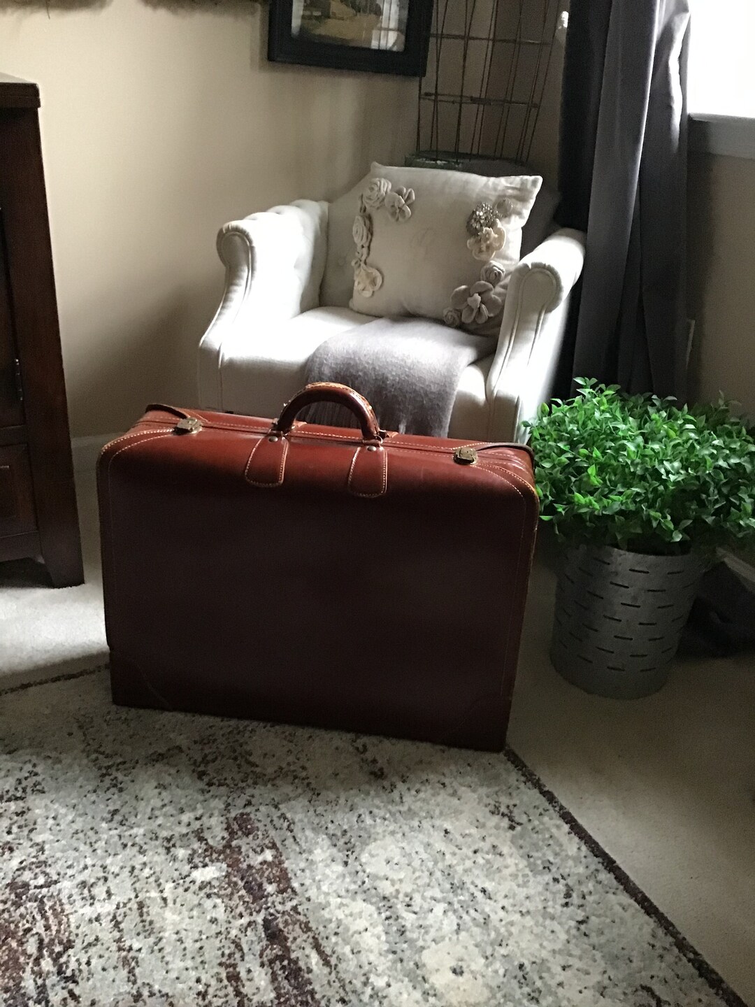 Vintage Brown Leather Suitcase Stackable photo Propbrass Accents MCM ...