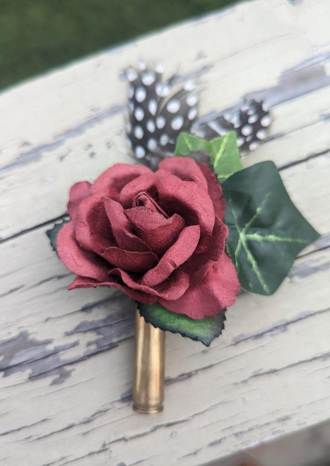 Wine Colored Flower Bullet Casing Boutonniere With Ivy. Wedding . Groom ...