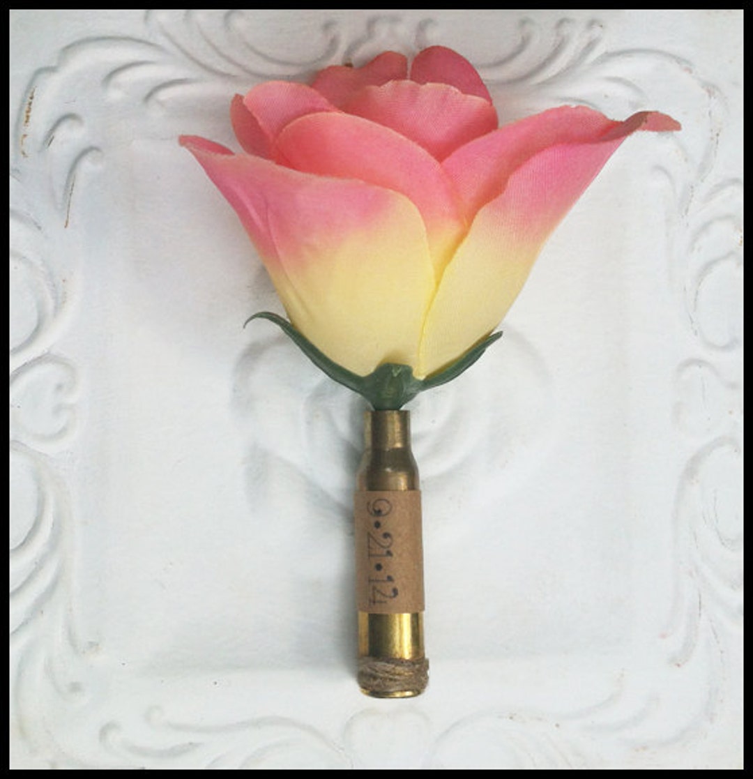 Yellow & Pink Rose Bullet Casing Boutonniere With Custom Label Wedding ...