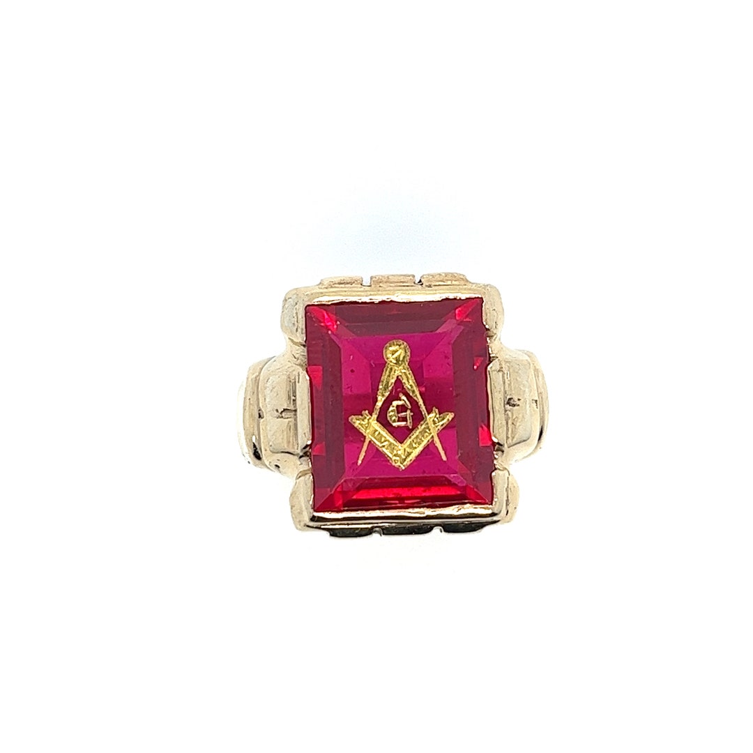Handsome Vintage 10K Yellow Gold and Lab Ruby Masonic Ring Size 11 1/2 ...