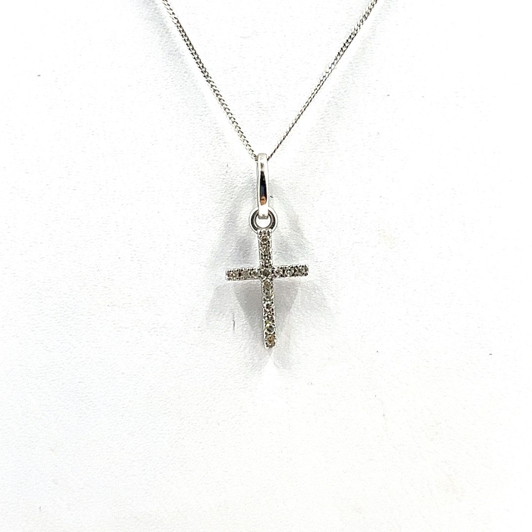 Very Small Simple Classic 10K White Gold Cross With Diamonds 18" 0K ...