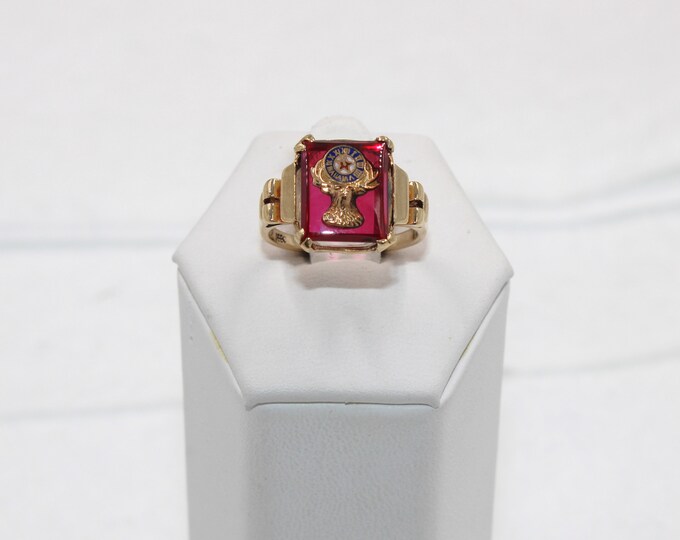 Vintage Elks Lodge 10K Gold and Lab Created Ruby Signet Ring Size 7 1/4 ...