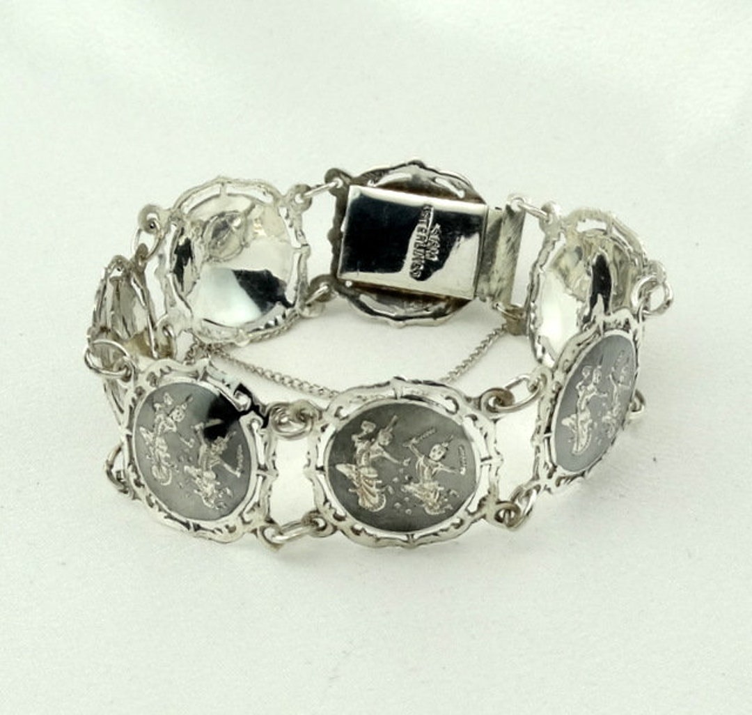 Antique Siam Thai Dancers Sterling Silver and Black Enamel Link ...
