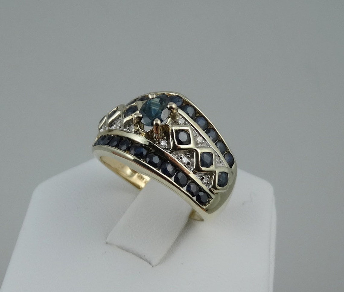 Intricate Diamond and Sapphire Pattern 14K Gold Ring FREE | Etsy