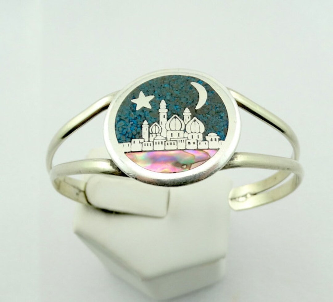 Beautiful Muslim Mosque Mecca Sterling Silver Inlay Cuff Bracelet FREE ...