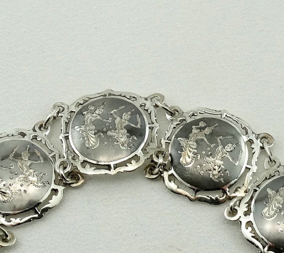 Antique Siam Thai Dancers Sterling Silver And Black E… - Gem