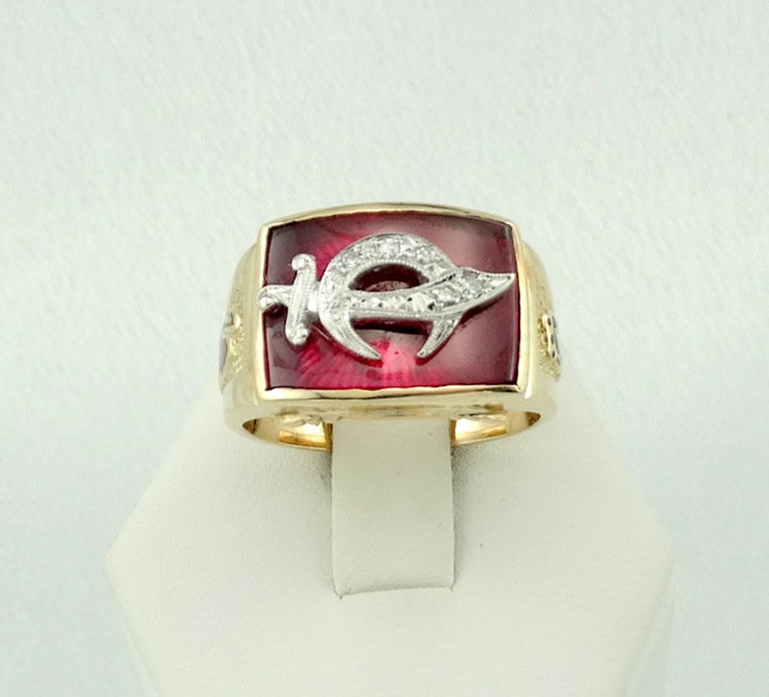 Stunning Vintage Masonic Ruby and Diamond Shriner Mason 14K Gold Ring ...