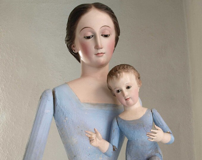 Virgin Mary Infant Jesus Glass Eye Cage Dolls 39.3 in / 100 Cm Cap I ...