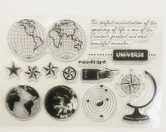 World Map Stamp, Compass Clear Transparent Stamp, Globe Rubber Stamp ...