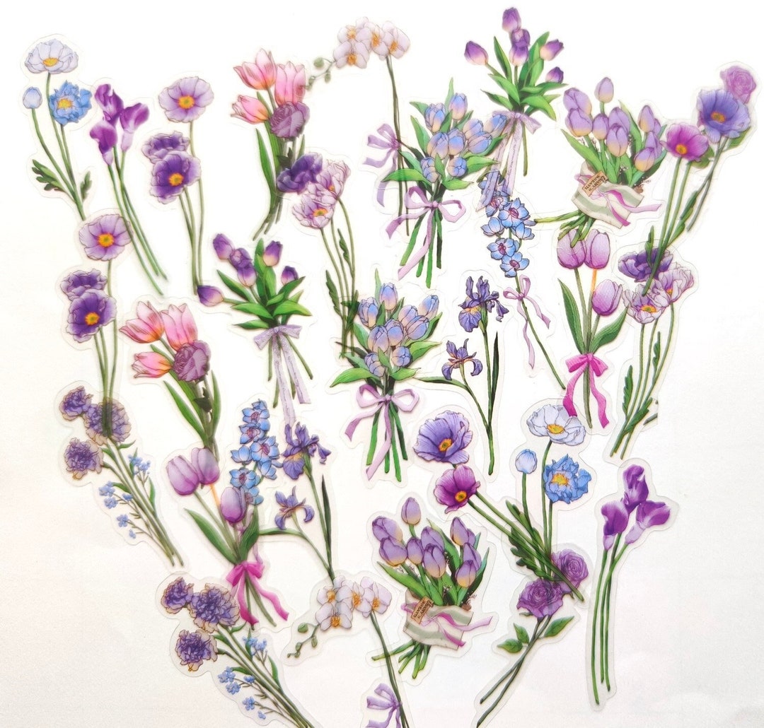 30 Pcs Purple Flowers Clear Sticker Floral PVC Sticker - Etsy
