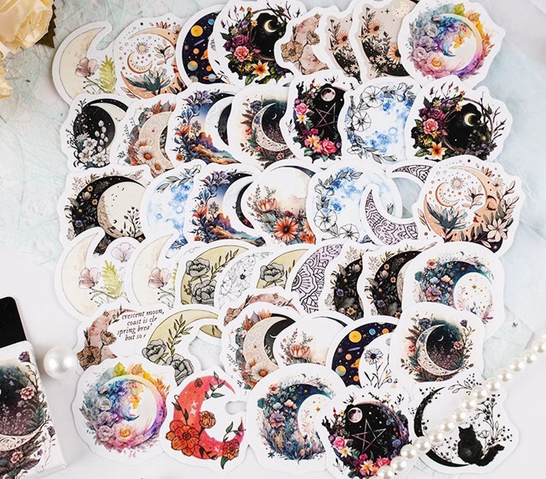 46 PCS Flower Moon Sticker, Crescent Moon Sticker, Floral Moon Sticker Flakes, Celestial Moon ...