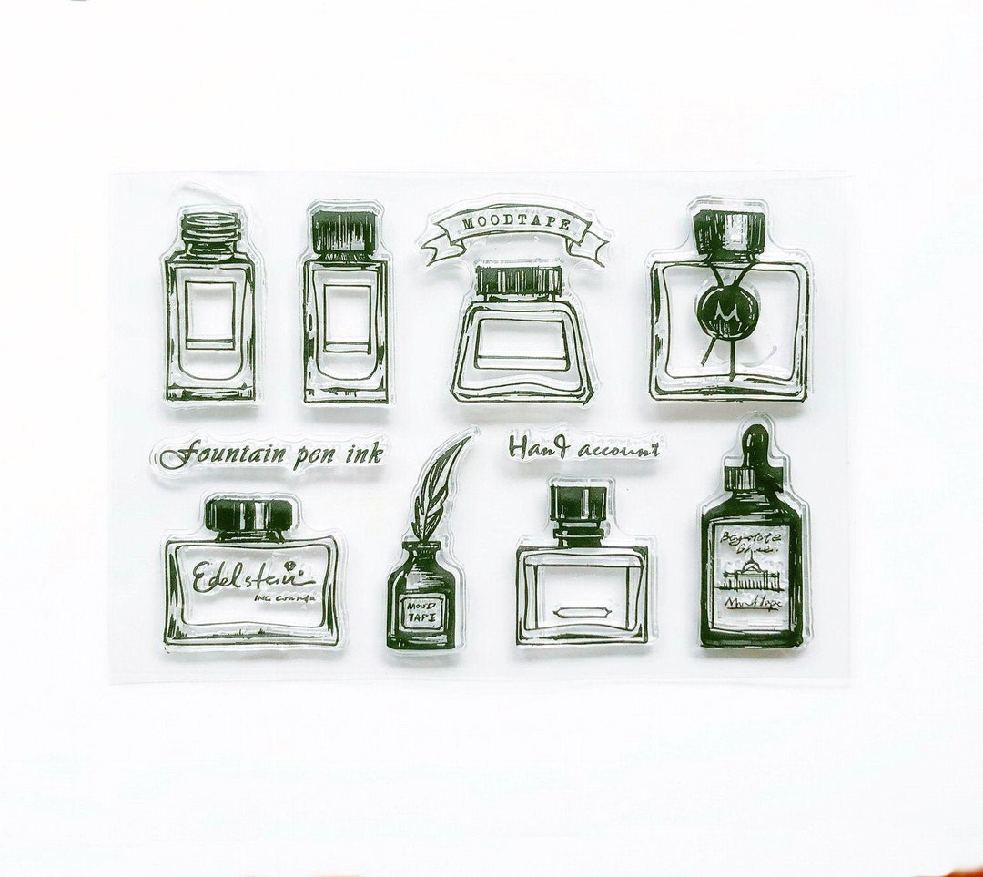 Vintage Ink Bottle Stamps, Ink and Pen Clear Stamps, Quill Rubber Stamp ...
