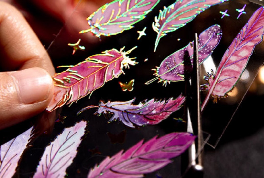 3 Sheets Pink Feather Foiled Clear Stickers, Feather Gold Foiled ...