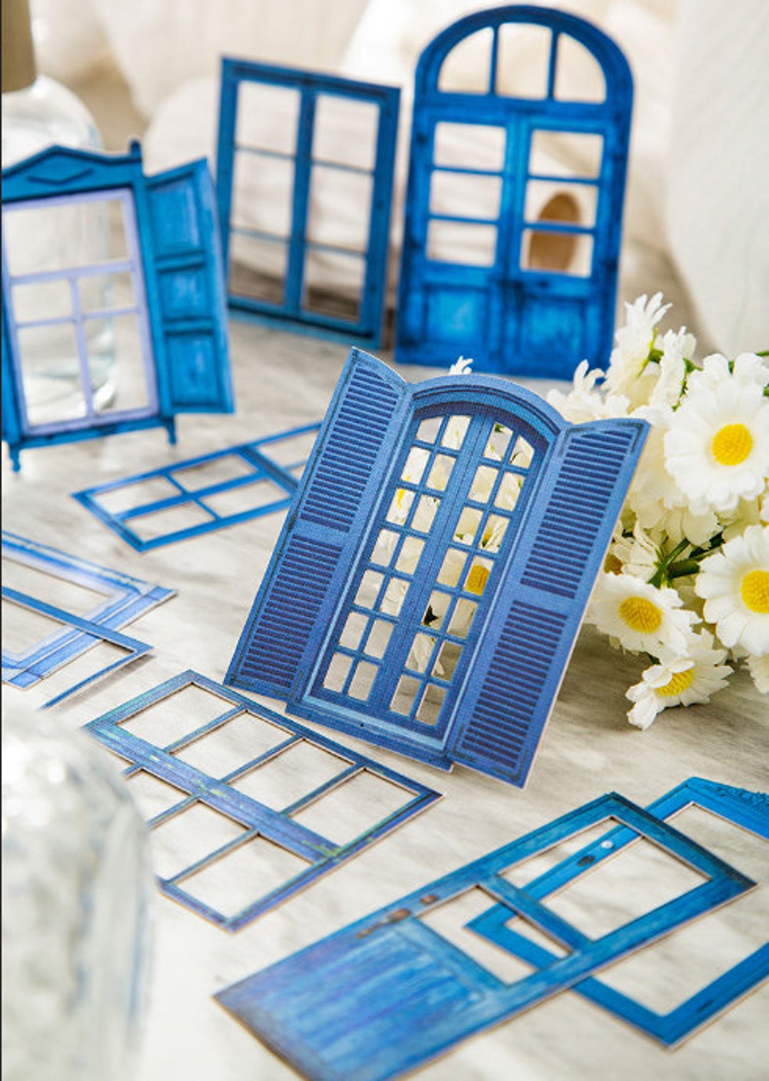 10 Pcs Blue Laser Cut Paper, Retro Window Paper Cut, Vintage Doors ...