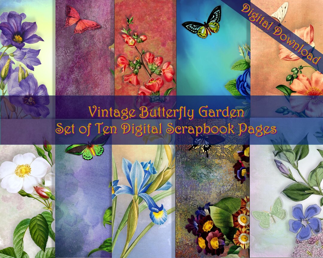 Vintage Flower and Butterfly Digital Scrapbook Paper | Floral Scrapbook ...