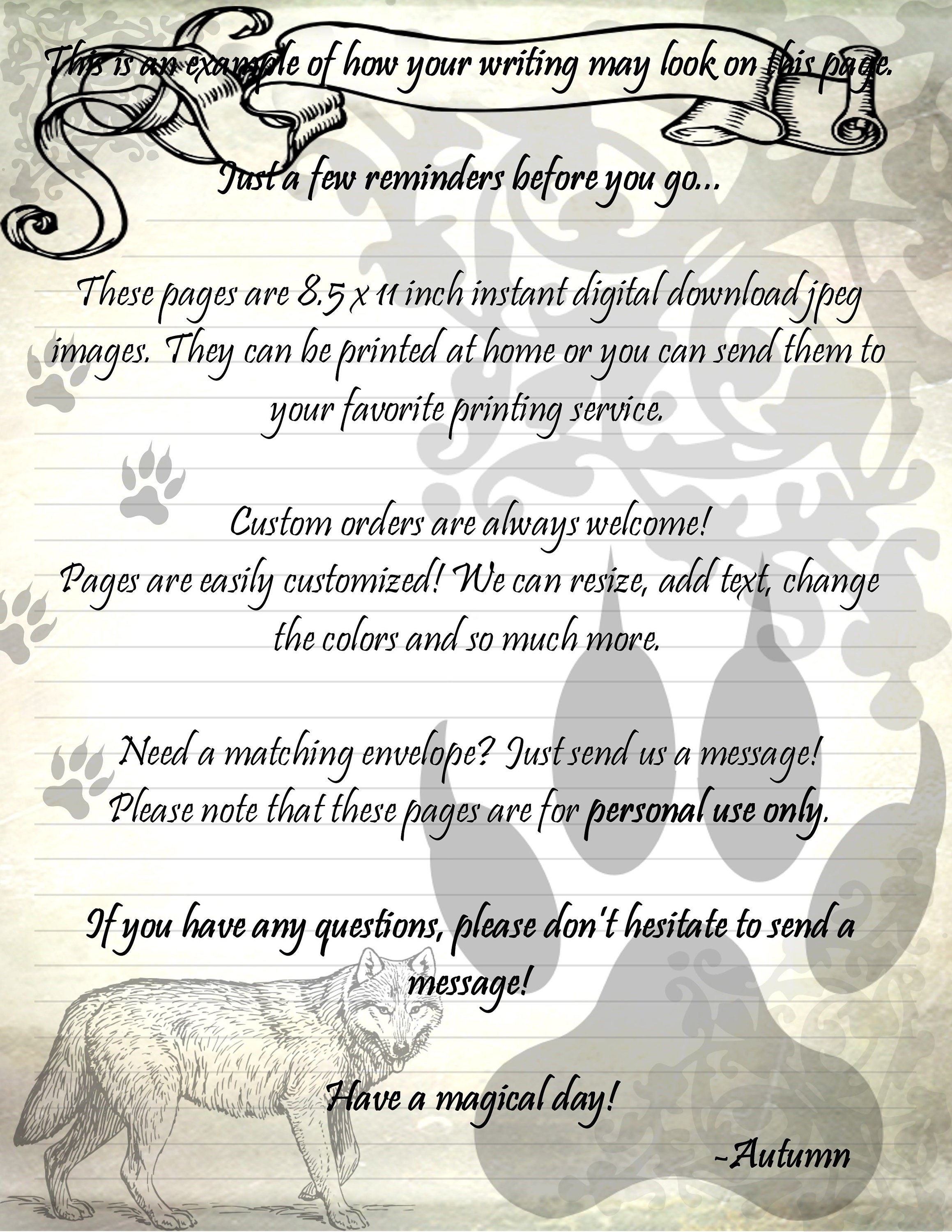 Wolf Stationery Printable Wolf Page Wolf Letter Paper | Etsy