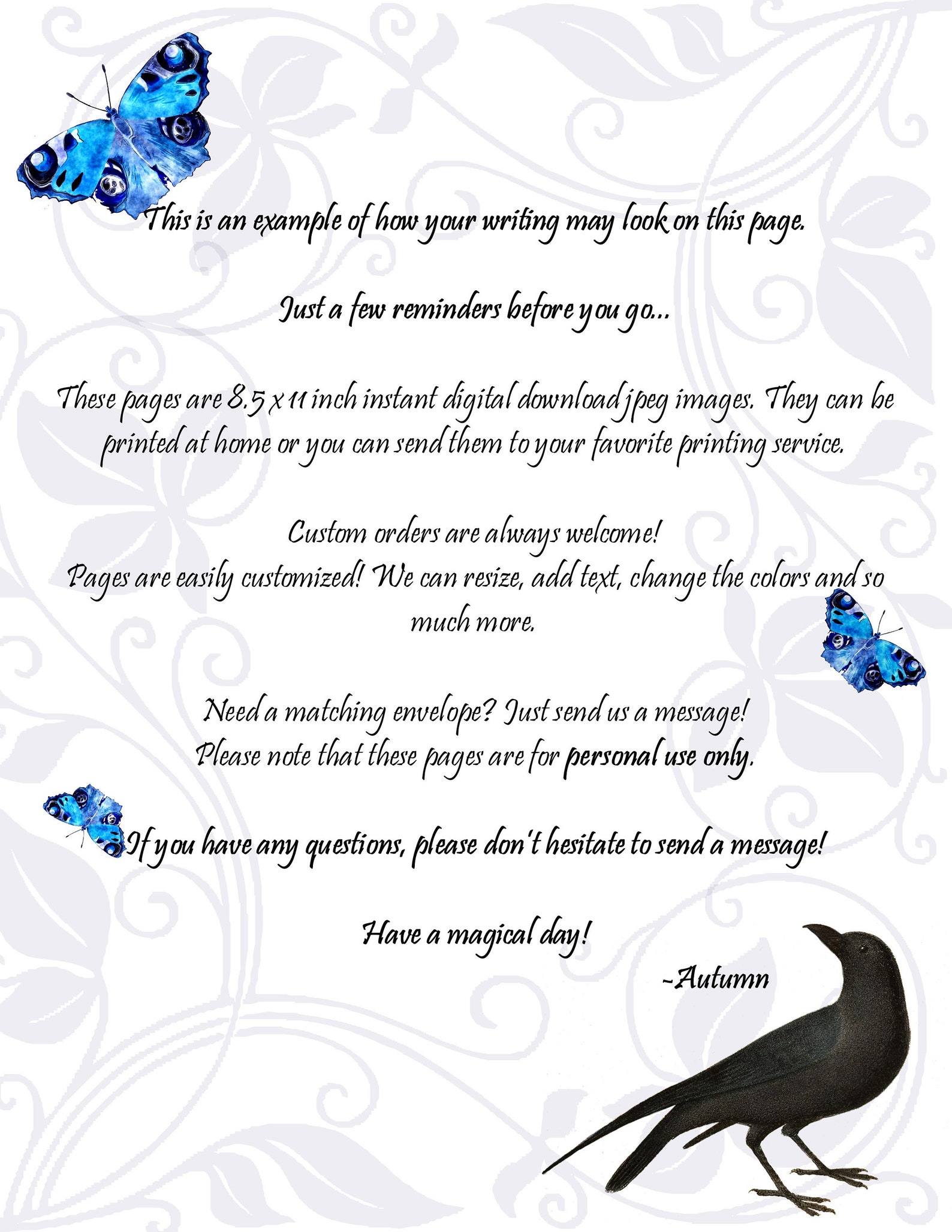 Crow Letter Paper Butterfly Writing Pages Printable Raven | Etsy