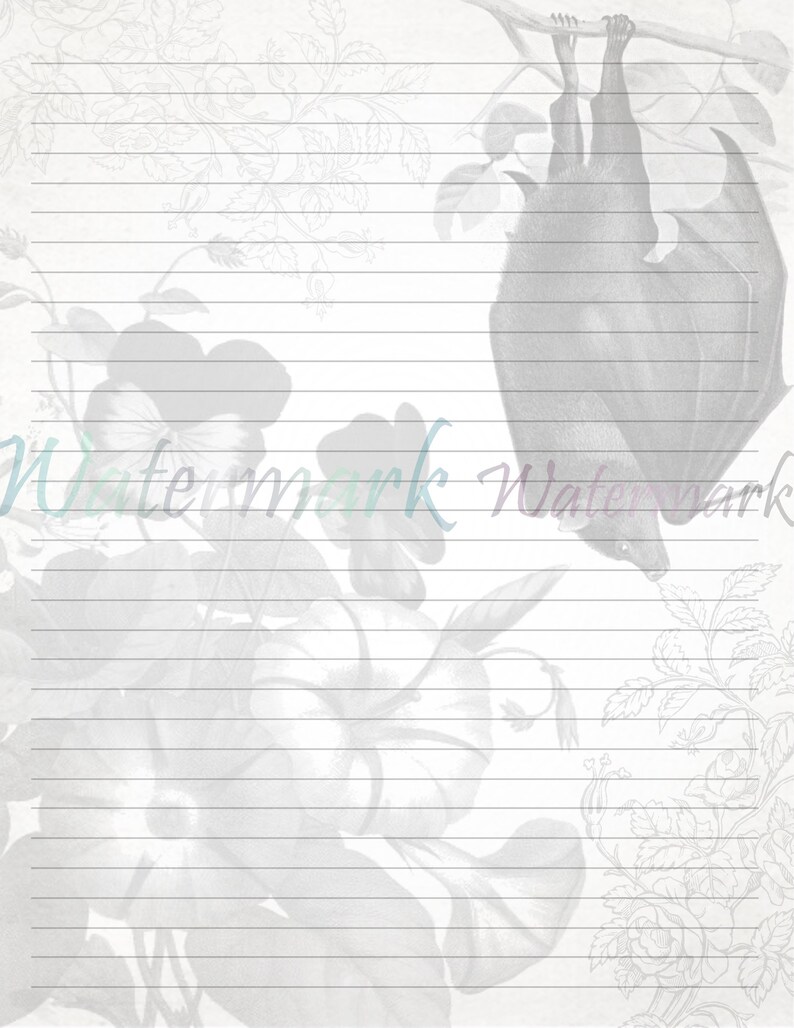 Floral Bat Paper | Printable Bat Page | Bat Stationery | Floral Writing ...