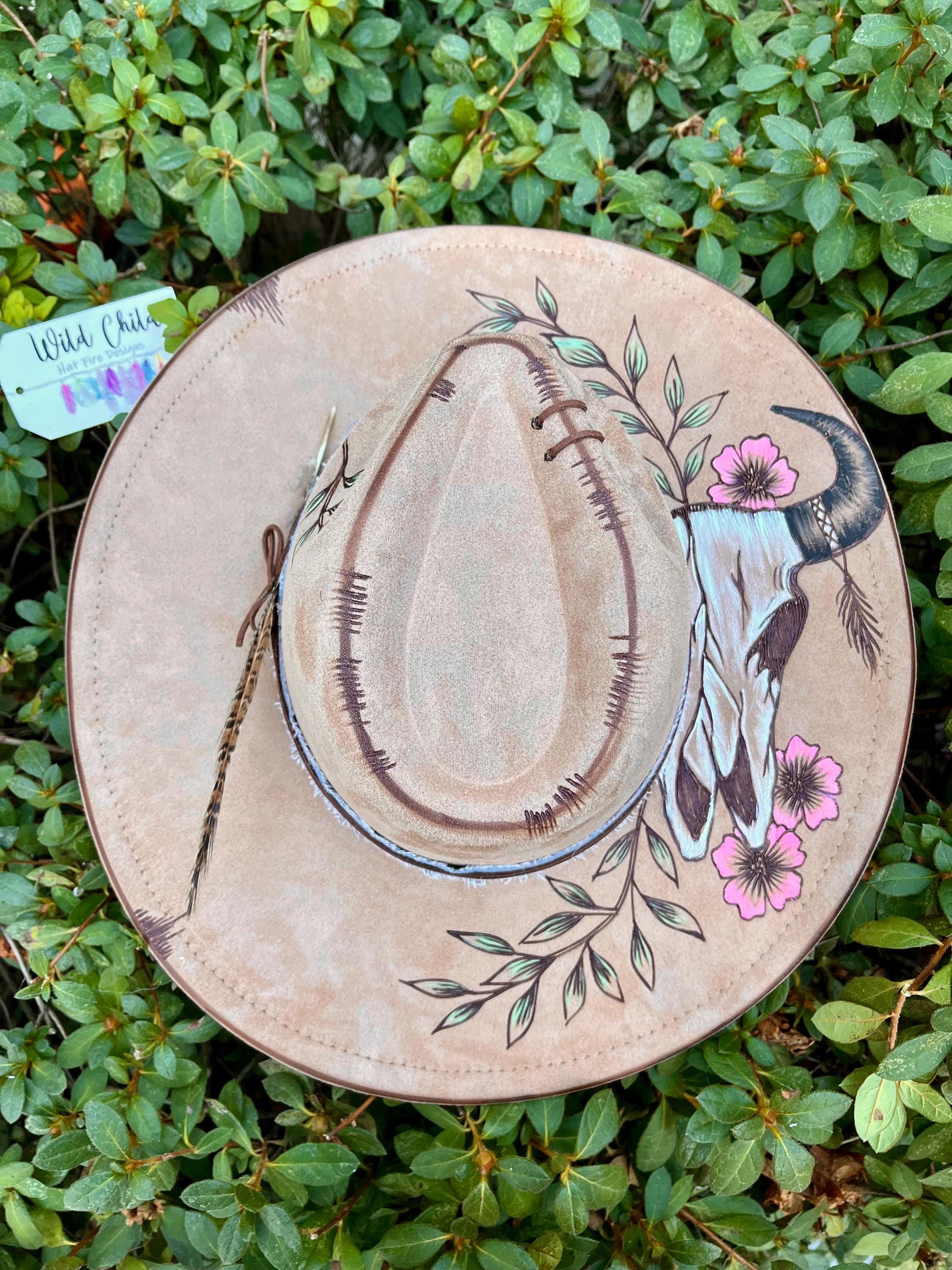 Wild Child Burned, Painted Bull Skull -authentic Hand Burned Hat ...